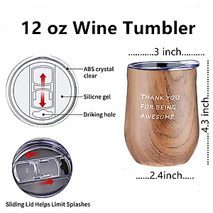 Thank You Gifts, 12oz Wine Tumbler with Lid Stemless Wine Glasses Double Wall Vacuum Travel Mugs Stainless Steel Cup Best Christmas Birthday Gift for Women