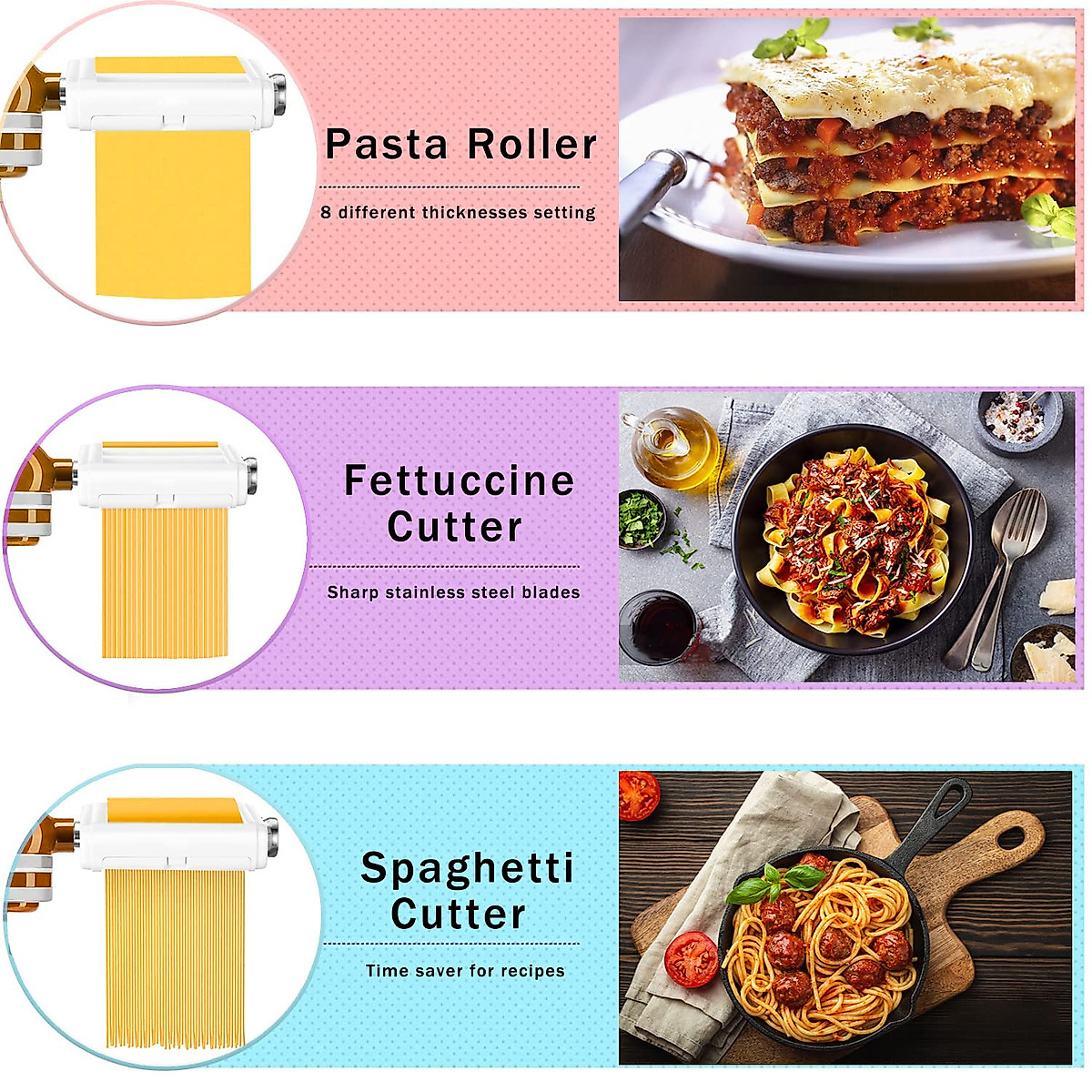 Pasta Maker Attachment for Kitchenaid/Cuisinart Stand Mixers, FDA Certified Noodle Maker- Pasta Roller Fettuccine Spaghetti Cutter 3 in 1, Pasta Roller and Cutter Set with Cleaning Brush