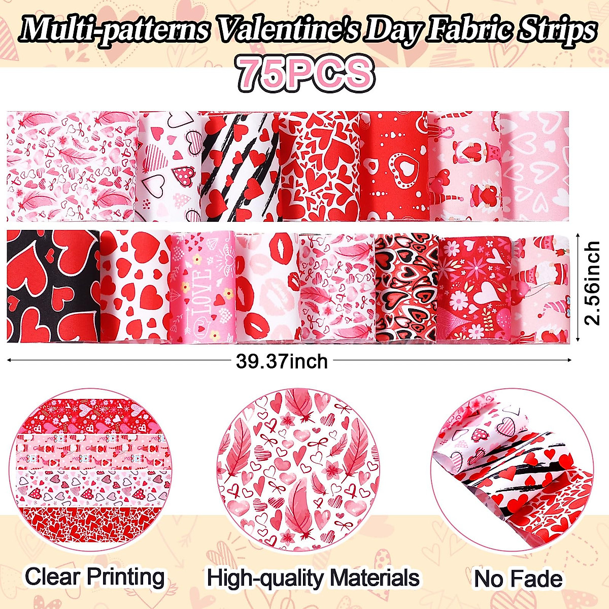Buryeah 75 Pcs Valentine's Day Fabric Roll 2.5 Inch Red Heart Precut Fabric Quilting Strip Holiday Prints Fabric Bundle for Quilting Cloth Patchwork Sewing DIY Craft, 15 Styles
