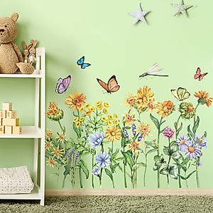 Buiory Removable Flowers Wall Decals Floral Butterfly Wall Stickers Garden Plants Wall Decor for Nursery Classroom Bedroom Bathroom Sofa TV Background