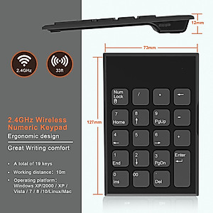 Wireless Number Pad and Mouse, 19 Keys Portable Ultra Slim 2.4GHz 10 Key USB Keypad and 3 Adjustable DPI Silent Mouse Set for Laptop, Notebook, Desktop, PC Computer - Use One USB Receiver