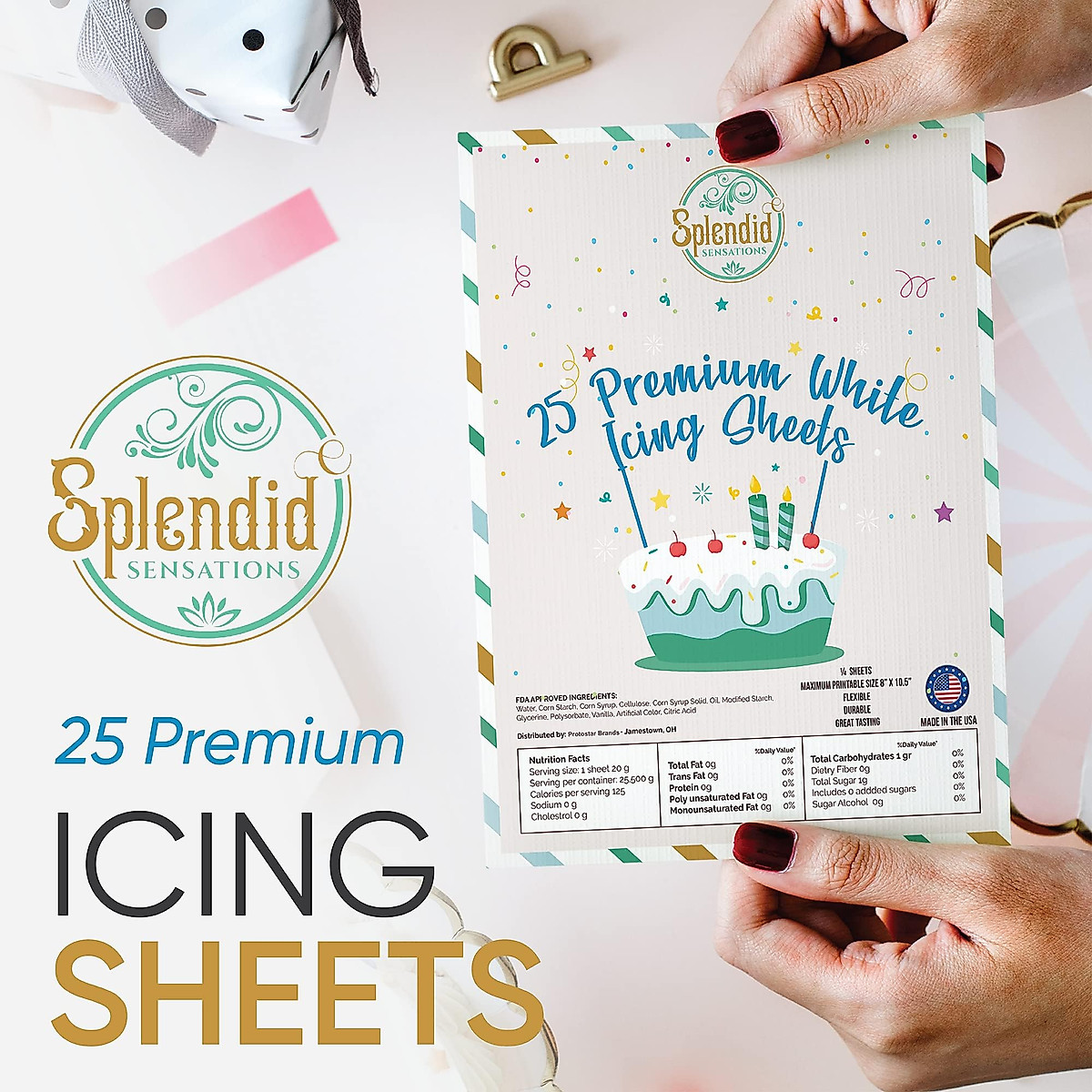 Splendid Sensations - 25 Count Edible Paper, Sugar Paper, Wafer Paper Edible Sheets, Frosting Sheets for Edible Printer, Edible Image Paper, Icing Sheets, papel comestible para pastel