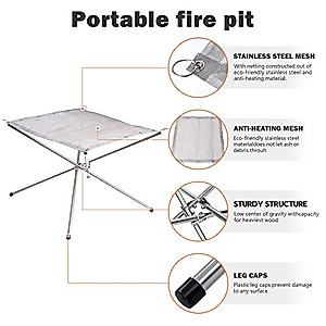 Portable Outdoor Fire Pit 16.5 Inch Upgrade Foldable Stainless Steel Mesh Fire Pit Wood Burning, Collapsible Fireplace Space Saving Perfect for Camping, Backyard, Patio, Garden (Carrying Bag Included)