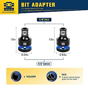 BLACKROBOT 2PCS Impact Bit Holders 1/2 Inch Square Drive to 1/4 Inch Hex Socket Adapter for Impact Wrench