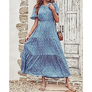 PRETTYGARDEN Women's Summer Casual Short Flutter Sleeve Round Neck Smocked Waist Tiered Boho Floral Flowy Maxi Dress(Small, Leaves Sky Blue)