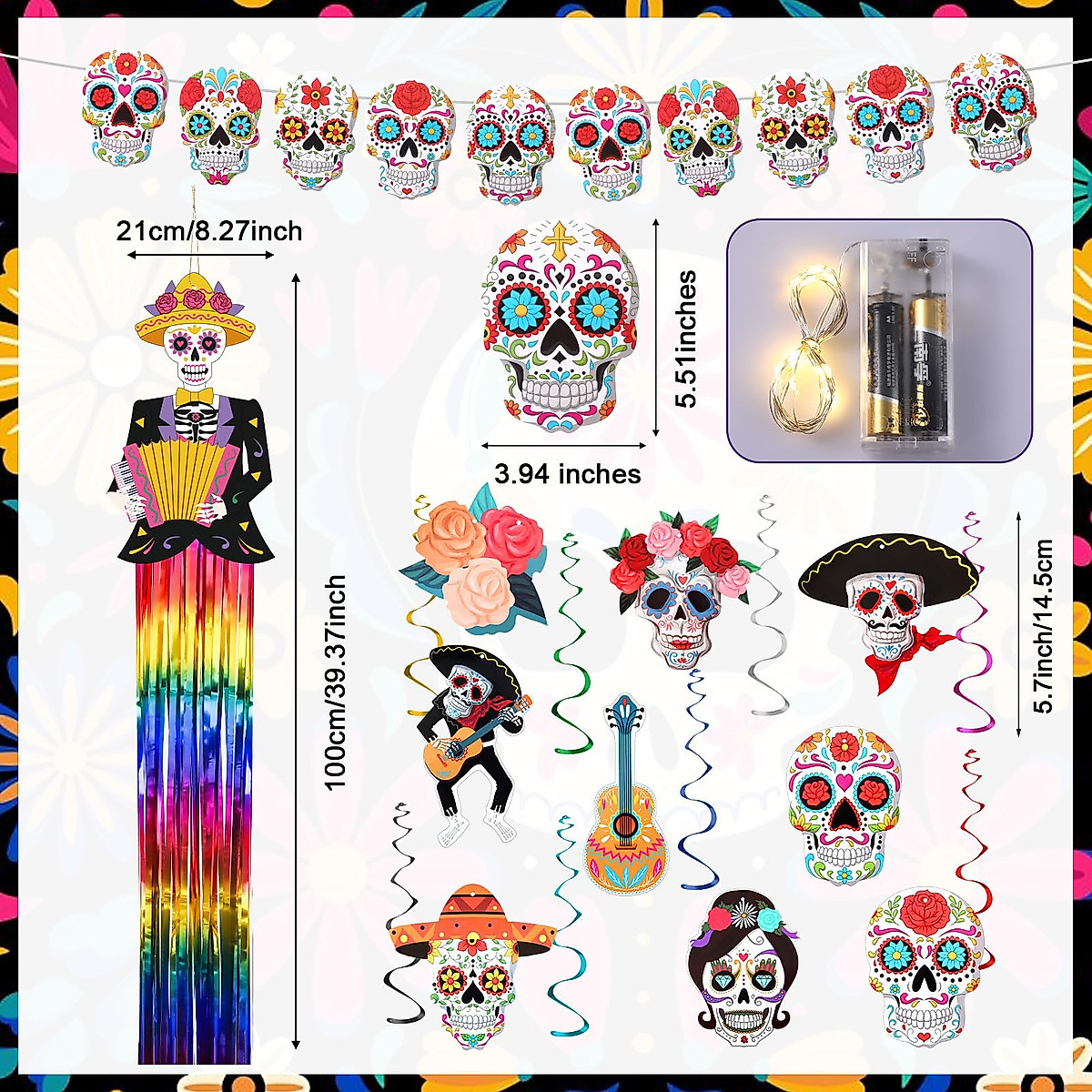 MotiMind 29 Pcs Day of The Dead Decorations Sugar Skull Hanging Swirl Decorations Sugar Skull Banner Sugar Skull Hanging Decor with LED String Lights for Dia De Los Muertos Fiesta Party Supplies