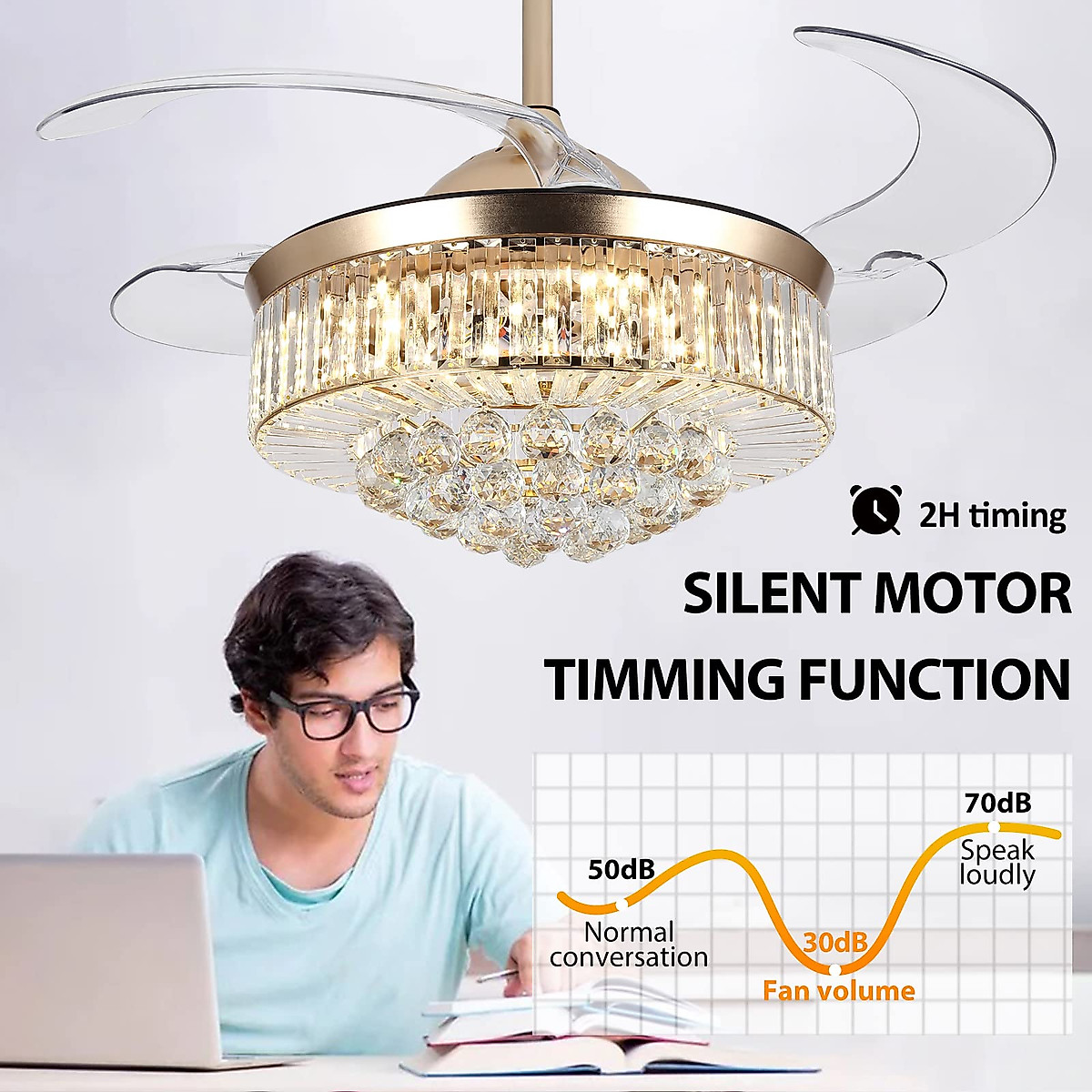 Panghuhu88 36" Invisible Ceiling Fan Chandelier Light,Modern Crystal Ceiling Fan Light Remote Control 4 Retractable ABS Blades for Bedroom Living Room Dining Room Decoration (Gold)