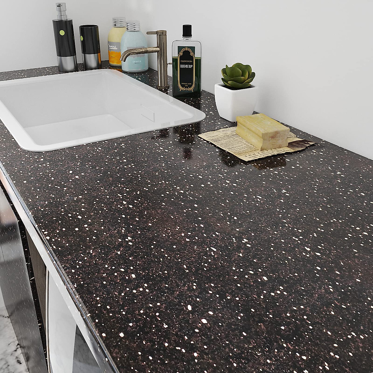 YENHOME Contact Paper Countertops Vinyl Peel and Stick Waterproof Contact Paper for Kitchen Bathroom Countertops 17.7"X200" Galaxy Black Granite Contact Paper Peel and Stick Adhesive Countertop Cover