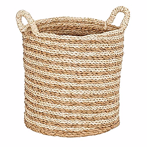 Household Essentials Brown Large Round Woven Wicker Storage Basket with Handles Double Weave