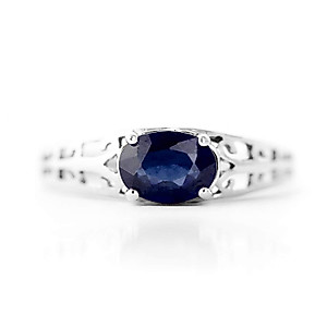 Galaxy Gold GG 14k Solid White Gold Filigree Ring with 1.15 Carat (CTW) Natural Blue Sapphire-2394 (5.5)