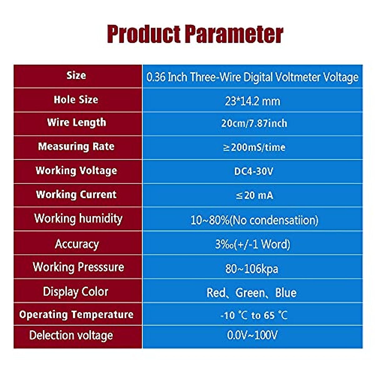 DaFuRui dc Voltage Display，6pcs Mini Digital Voltmeter 0.36 Inch Three-Wire DC 0-100V Voltage Tester Reverse Polarity Protection and Accurate Pressure Measurement（Red/Green/Blue）