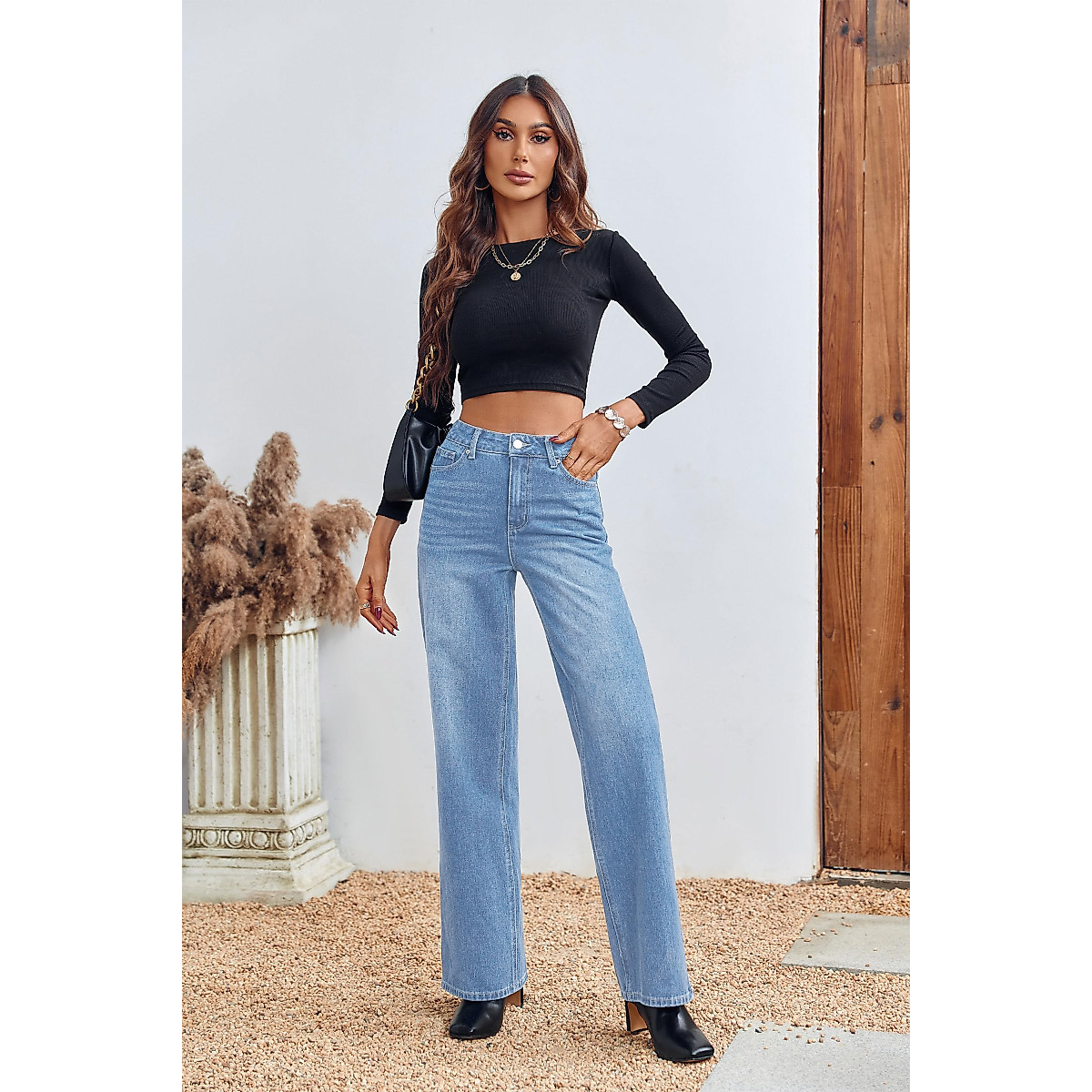 PLNOTME Women's High Waisted Wide Leg Jeans Baggy Boyfriend Straight Casual Denim Pants Light Blue