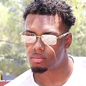 FLAWLESS EYEWEAR Retro Wood Buffs Vintage Style Gangster Rimless Clear Lens Rectangular Metal & Wood Eye Glasses (Cream-Gold/Tinted Clear Lens)