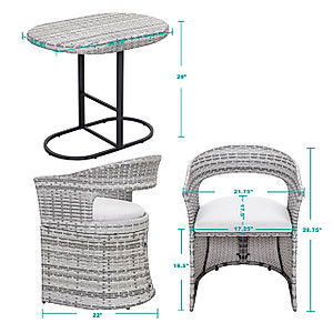 NUU GARDEN 3 Piece Outdoor Patio Bistro Set, Patio Furniture Set for 1 Iron Patio Table and 2 Dining Chairs, Balcony Furniture Patio Table and Chairs Set of 2 with Cushions, for Garden Yard, Gray