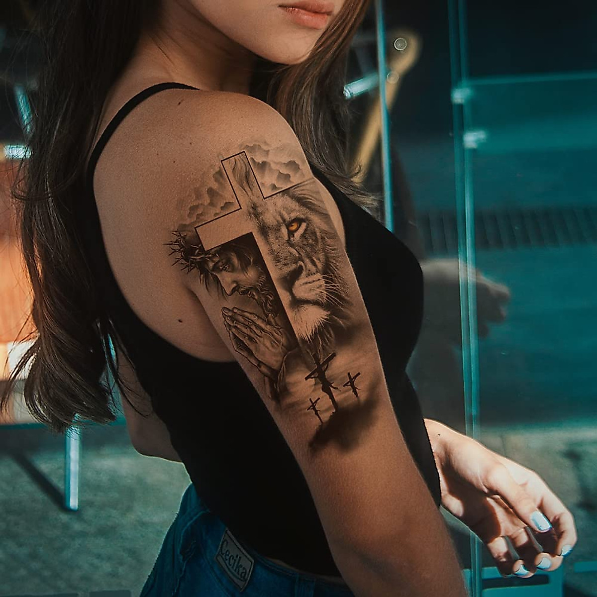 Oottati 2 Sheets Realistic Animal Temporary Tattoos Stickers Forest Lion Jesus Cross Old School Designs For Men Waterproof Arm Leg Fake Body Art, Gym & Parties Bold Masculine Decals