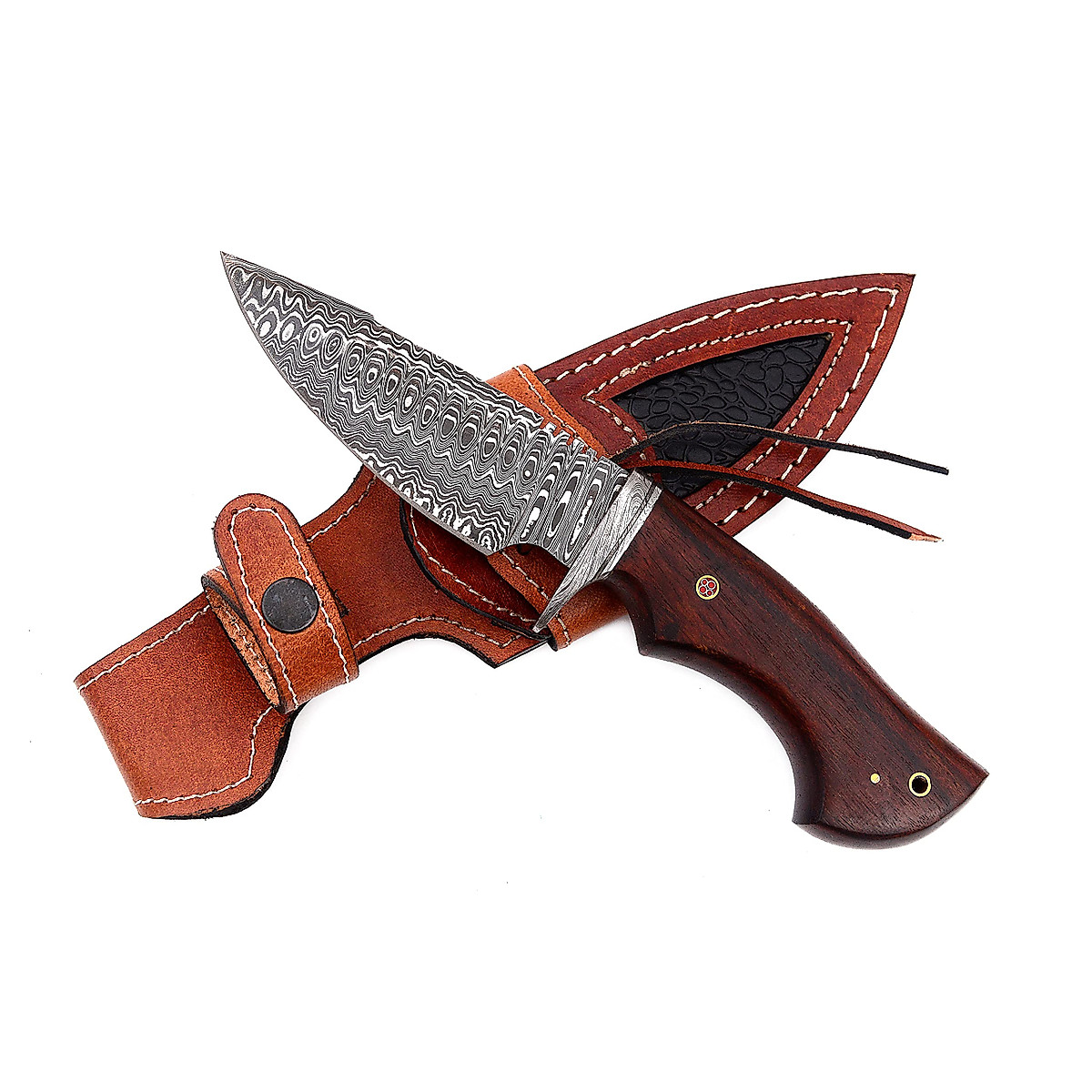 SBK162 Custom Handmade Damascus Steel Knife - Full Tang Rosewood Handle, with Leather Sheath 10inches