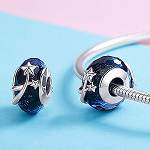 Murano Glass Beads Authentic 925 Sterling Silver Charms Core Faceted Christmas Snowflake Flower Star Glass Charms Bracelet for Women Pandora Bracelet (Night Sky Bead)
