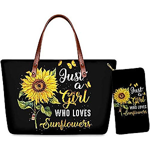 FKELYI Floral Bag for Women Ladies Designer Handbags Yellow Sunflower Design Top-Handle Bags Large Capacity Shoulder Hand Bags Set of 2