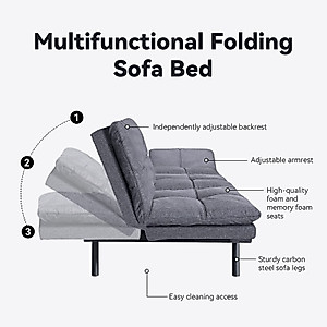 Opoiar Futon Sofa Bed Grey Fabric Memory Foam Leather Futon Split Seat,Modern Sleeper Sofa Love Seat，Folding Modern Sleeper Sofa for Small Space/Drom/Office/Apartment