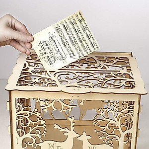 Amosfun Wooden Vinatge Wedding Card Box DIY Rustic Hollow Wedding Box with Lock Key and Rubber Card Box for Party Wedding Decorations for Reception(1 Key 12 Rubber Rings, Large Size)