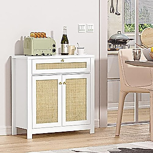 Giluta White Rattan Sideboard Cabinet Kitchen Buffet Cabinet Storage Cabinet with Door and Drawer, Accent Cabinet Freestanding Coffee Cabinet Cupboard Console Table for Dining Room Living Room Hallway