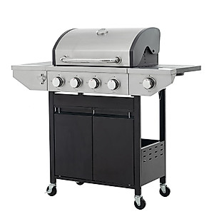 4-Burners Propane Gas BBQ Grill With Side Burner and Thermometer,Stainless Steel BBQ Grill,1,33950 BTU Output,Suitable For Outdoor Cooking Kitchen And Patio Backyard Barbecue (Silver)