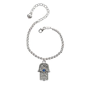 Delight Jewelry Silvertone Hamsa Hand with Blue Crystal - Charm Bracelet, 8"