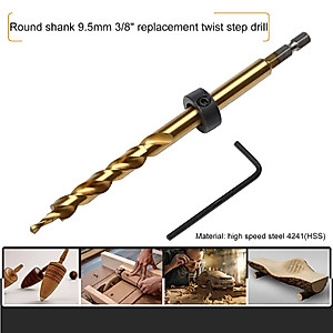 OCGIG 3/8" Pocket Hole Drill 1/4" Hex Shank Titianium coated Twist Step Drills with Adjustable Depth Stop Collar for Manual Pocket Hole Jig System