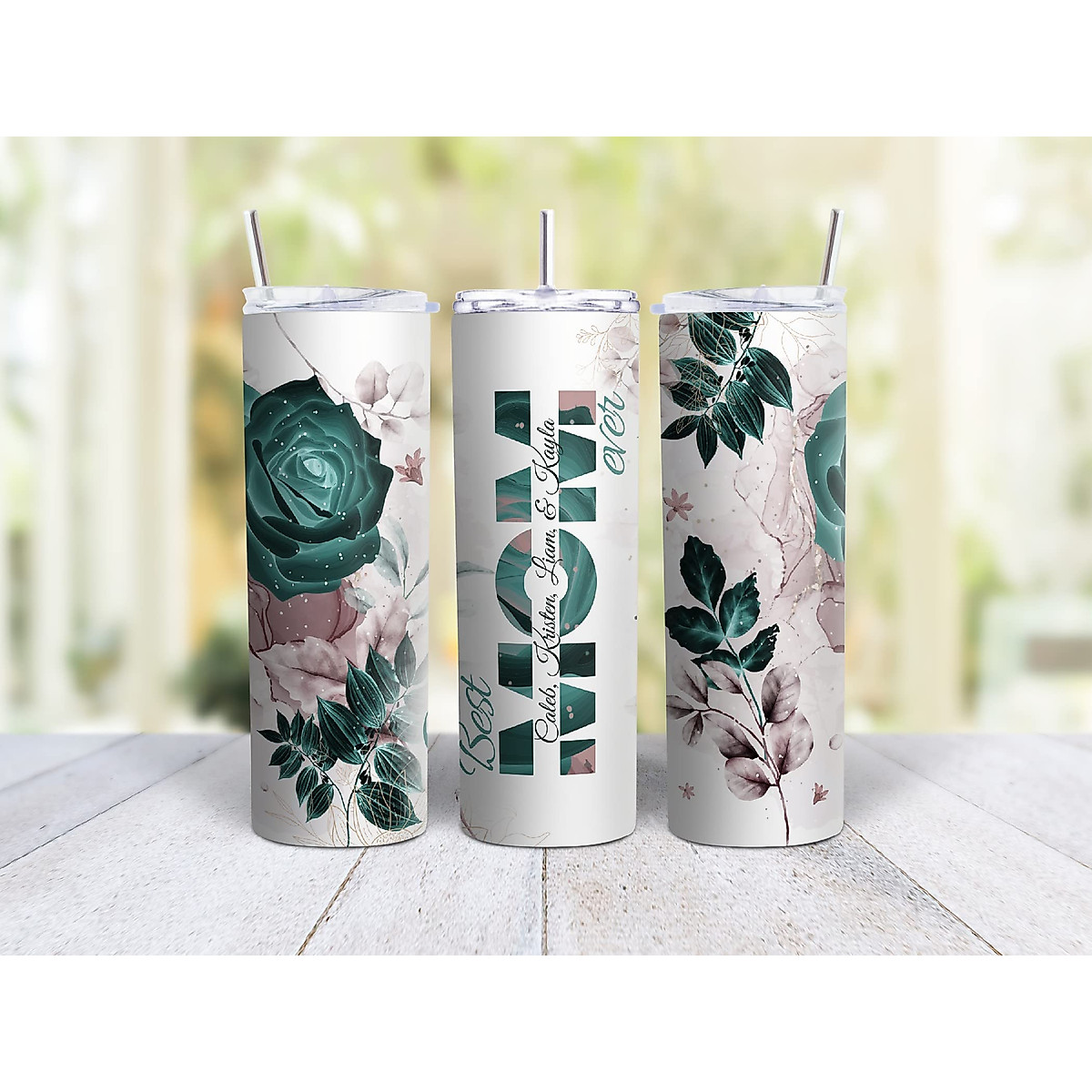 20oz Skinny Tumbler Best Mom Ever Personalized - Stainless Steel Double Wall Insulated Cup With Lid And Straw (Green)