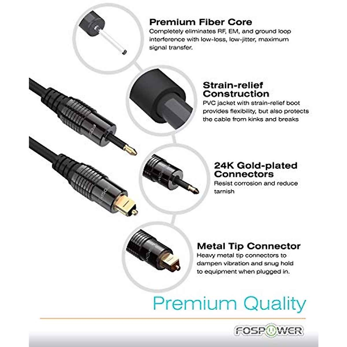 FosPower (3ft) 24K Gold Plated Toslink to Mini Toslink Digital Optical S/PDIF Audio Cable with Metal Connectors & Strain-Relief PVC Jacket FosPower (3ft) 24K Gold Plated Toslink to Mini Toslink Digital Optical S/PDIF Audio Cable with Metal Connectors & St