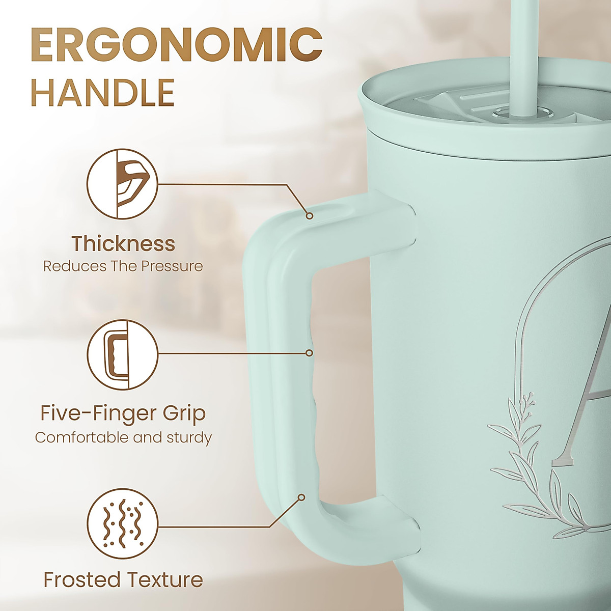 Personalized Monogrammed Tumbler with Handle 40oz, Letter A Tumblers Insulated Coffee Travel Cup, Custom Initial Gift for Women Girls Friends, Monogram Gift for Christmas Birthday Mothers Day