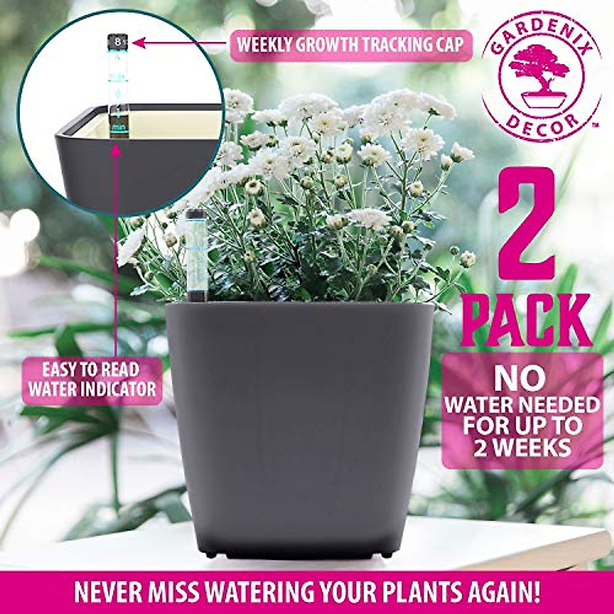 GARDENIX DECOR 5" Self Watering pots for Indoor Plants - Flower Pot with Water Level Indicator for Plants, Grow Tracking Tool - Self Watering Planter Plant Pot – 2 Pack Gray