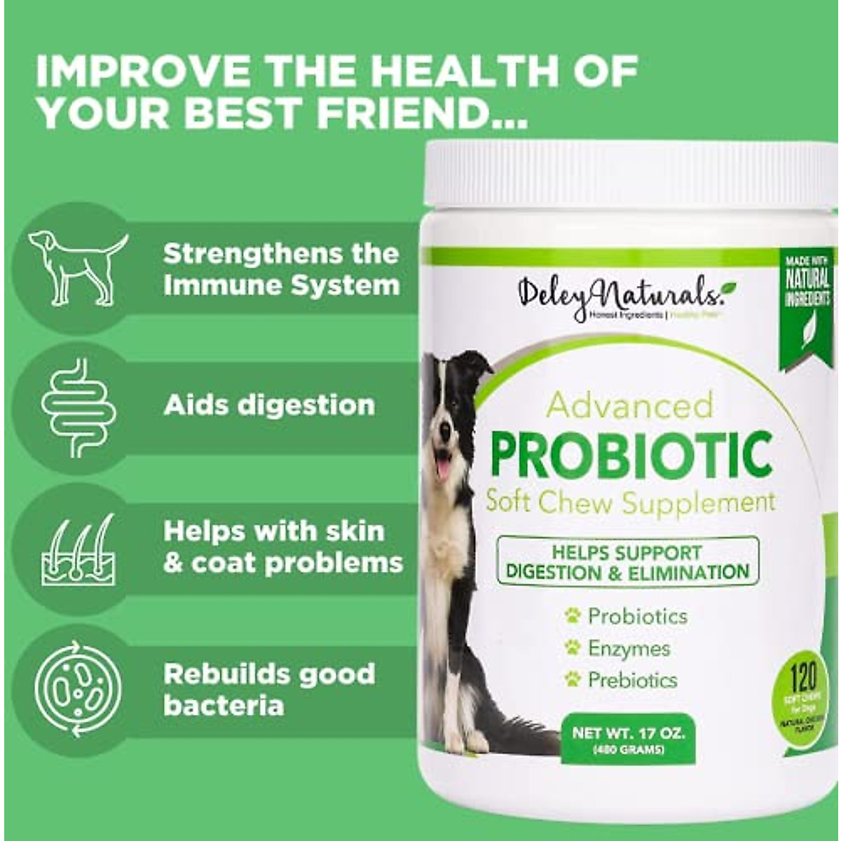 Deley Naturals Probiotics for Dogs - 120 Grain Free Chicken Soft Chews - 4 Billion CFU's, Digestive Enzymes, Prebiotics - Dog Allergies, Diarrhea, Bad Dog Breath, Constipation, Gas, Yeast- Made in USA