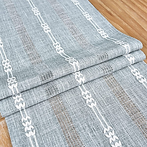 Farmhouse Braided Striped Linen Table Runner Rustic Hollow Woven Embroidered Boho Rectangle Table Runners for Dining Table Dresser Decor Grey and Blue 13x36inch