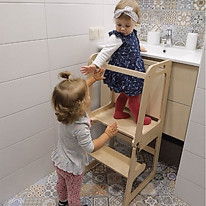 Foldable Montessori helper tower - Table & Chair with Chalkboard All-In-One (Natural lacquered)