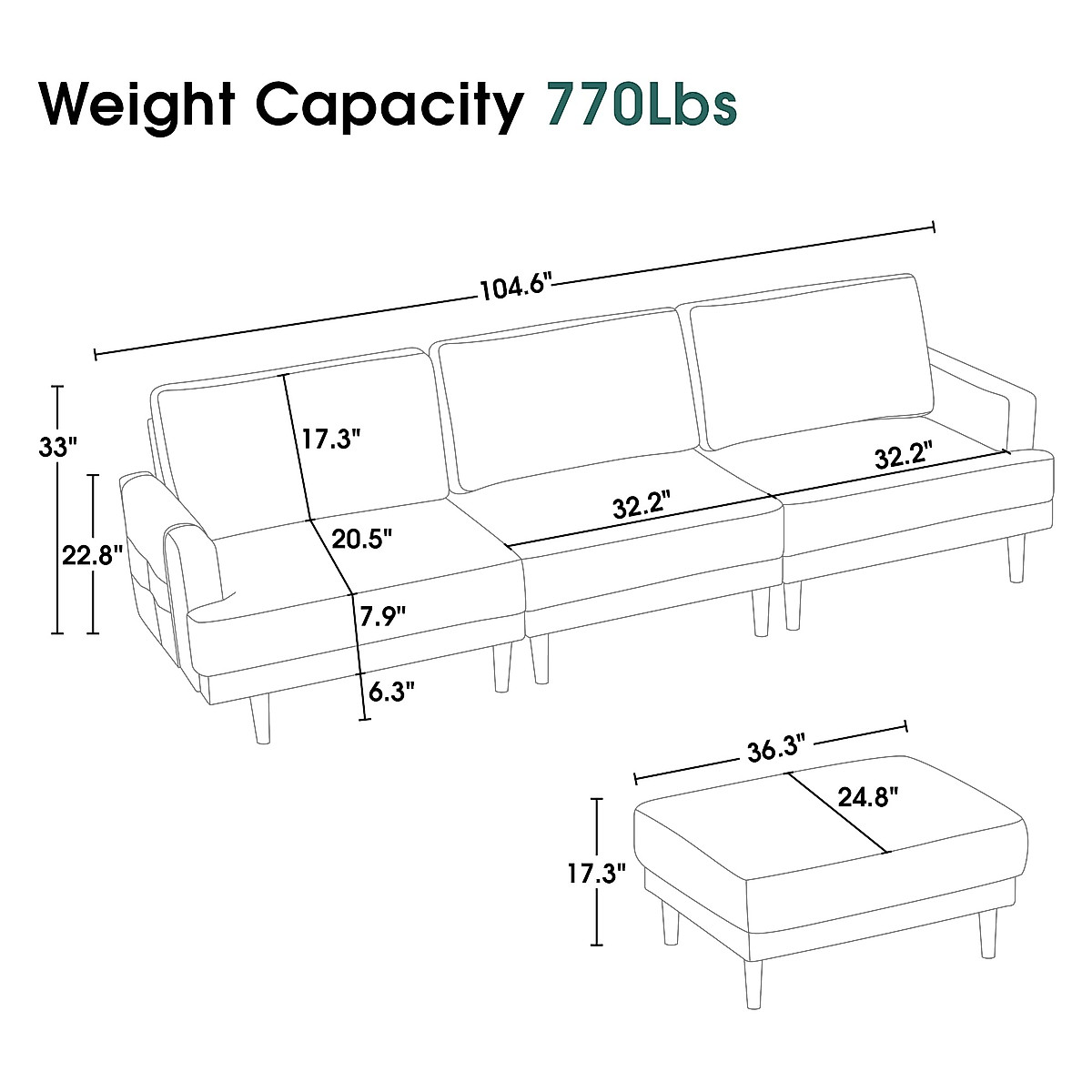 MCombo Sectional Couch Sofa L Shaped Couch for Living Room 3-Seat Dark Grey Sofa for Bedroom Modern Couch Set of 4 for Small Space Apartment Velvet Couch with Ottoman