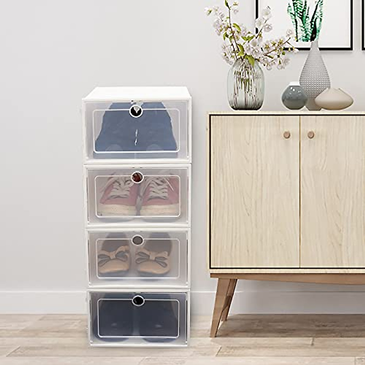 BJTDLLX 20 Pack Shoe Storage Box, Foldable Storage Plastic Shoe Box Set with Clear Door, Stackable Shoe Storage Organizer Clear Drawer Box Front Shoe Box Sneaker Organizer(13”x 9”x 5.5”)
