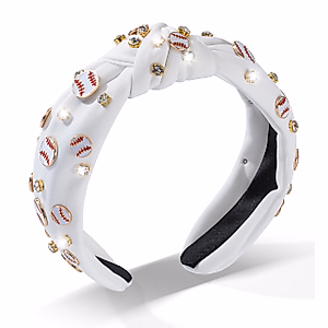 Mixcbe White Sparkle Crystal Baseball Charm Embellished Wide Knotted Headband for Women, Game Day Top Knot Hairband, Baseball Mom Accessories Gift for Sports Fans(1 Count)