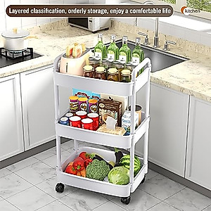 3 Tier Rolling Cart, Plastic Storage Cart, Multi-Functional Utility Cart Kitchen Storage Organizer,Mobile Shelving Unit Cart with Lockable Wheels for Bathroom,Laundry,Living Room,White