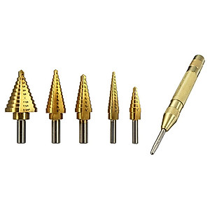 Step Drill Bit Set, 5 Pcs Titanium Coated High Speed Steel Step Drill Bits with 1 Pc Automatic Center Punch for Drilling Sheet Metal, DIY Project