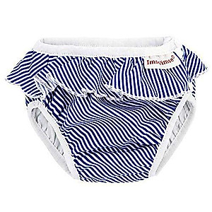 Imse Vimse Reusable Swim Diaper for Baby and Toddler Girls with Ruffle and Snaps (White Blue Stripe, SL 28-37 lbs)