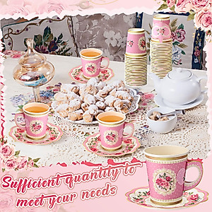 Tioncy 100 Pcs Tea Party Decorations Include 50 Pieces 9 oz Floral Paper Tea Cups with Handle and 50 Plates Disposable Blossom Teacups and Saucers Sets for Girls Birthday (Floral)