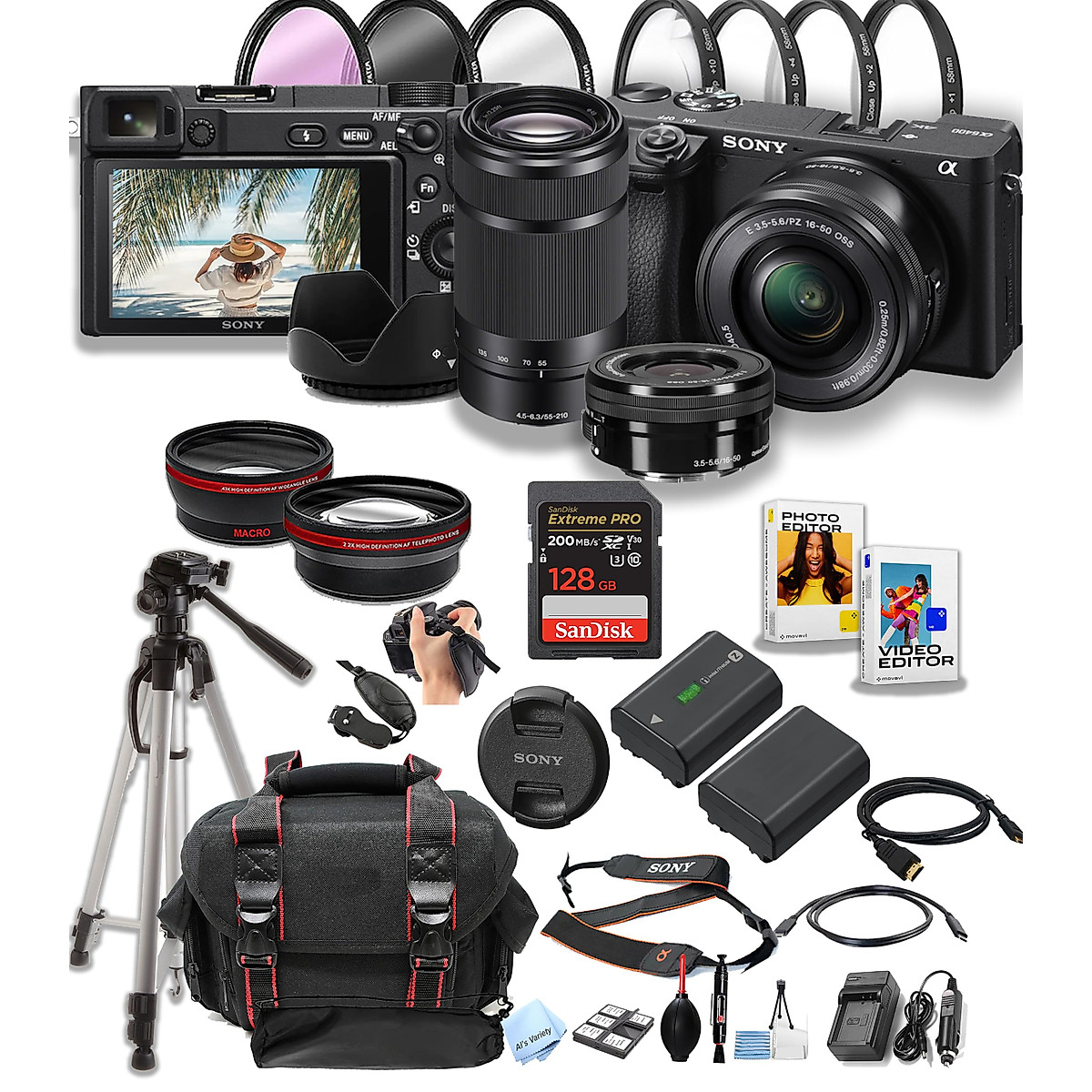 Sony a6400 Mirrorless Camera with16-50mm & 55-210mm Zoom Lenses + 128GB Pro Speed Memory + Case + Tripod + Software Pack -Proffesional Photo Bundle (Renewed)