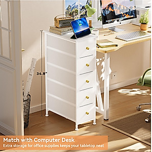 YIPPPPE Narrow Dresser Vertical Skinny Dresser, Tall Narrow Night Stand with 5 Drawers, Slim Chest of Drawers, Metal Pull Handle, for Small Spaces Closet Dorm Bedroom Bathroom Office Laundry, White