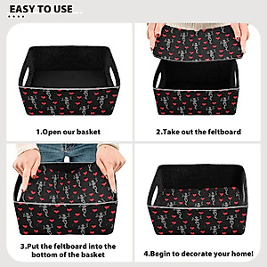 Skeleton Valentine Storage Basket Bins Set (2pcs) Felt Collapsible Storage Bins with Handles Foldable Shelf Drawers Organizers Bins for Nursery Toys,Kids Room,Clothes,Towels,Magazine