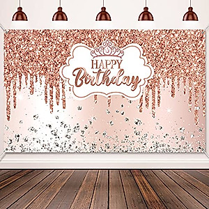 Rose Gold Happy Birthday Backdrop for Girls Women Rose Gold Happy Birthday Banner Glitter Diamond Birthday Backdrop Sweet Princess Birthday Photography Background
