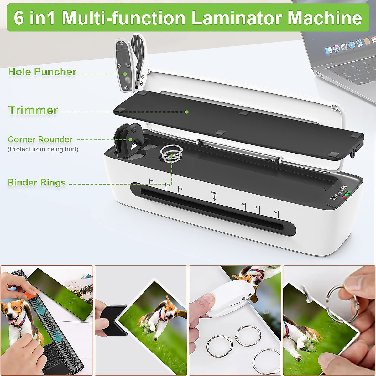 Laminator Machine with Laminating Sheets A4 Portable Thermal Lamination 9-Inch Laminate for Personal Office School Home Use, 6 in 1 Laminater Quick Warm Up Never Jam
