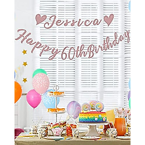 TopBashGo 102 Pcs Personalized Happy 60th Birthday Banner with Custom Name in Rose Gold Script, Bday Party Decorations Supplies Reusable Signs for Women