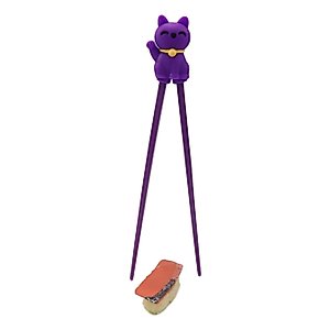Ebros Gift Reusable Training Chopsticks Set With Animated Food Safe Silicone Helper Hinge Guide For Sushi Noodles Rice Dining Fun For Adults And Kids (Purple Maneki Neko Cat)
