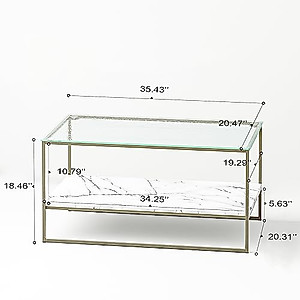 Tilly Lin 35" Elegant 2 Tier Glass Top Coffee Table with White Faux Marble and Gold Metal Legs, Rectangular Cocktail Table with Storage for Living Room